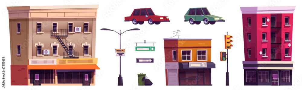 Street city elements for town intersection landscape creation. Cartoon ...