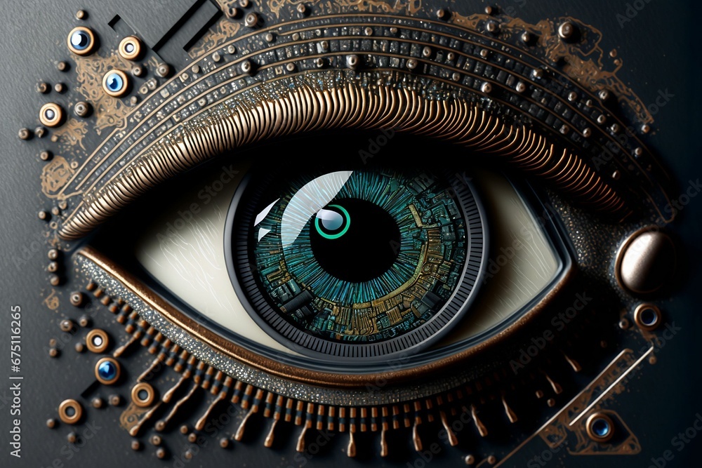 AI-generated illustration of a blue eye sign on the dark background ...