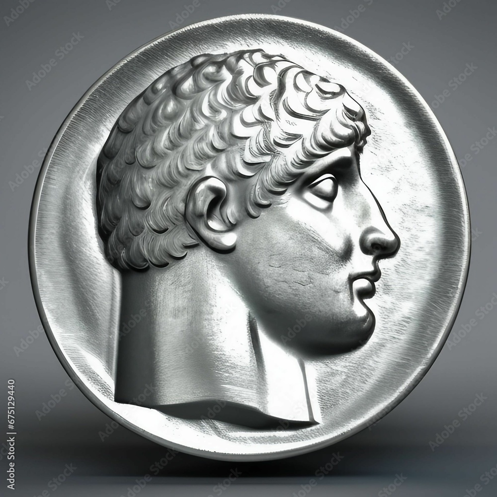 AI generated illustration of a silver coin with the side profile of a ...