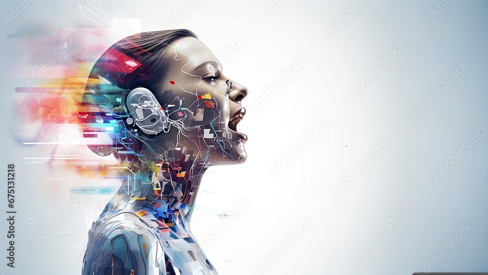 Female face in profile with mouth open, concept of integration of ...