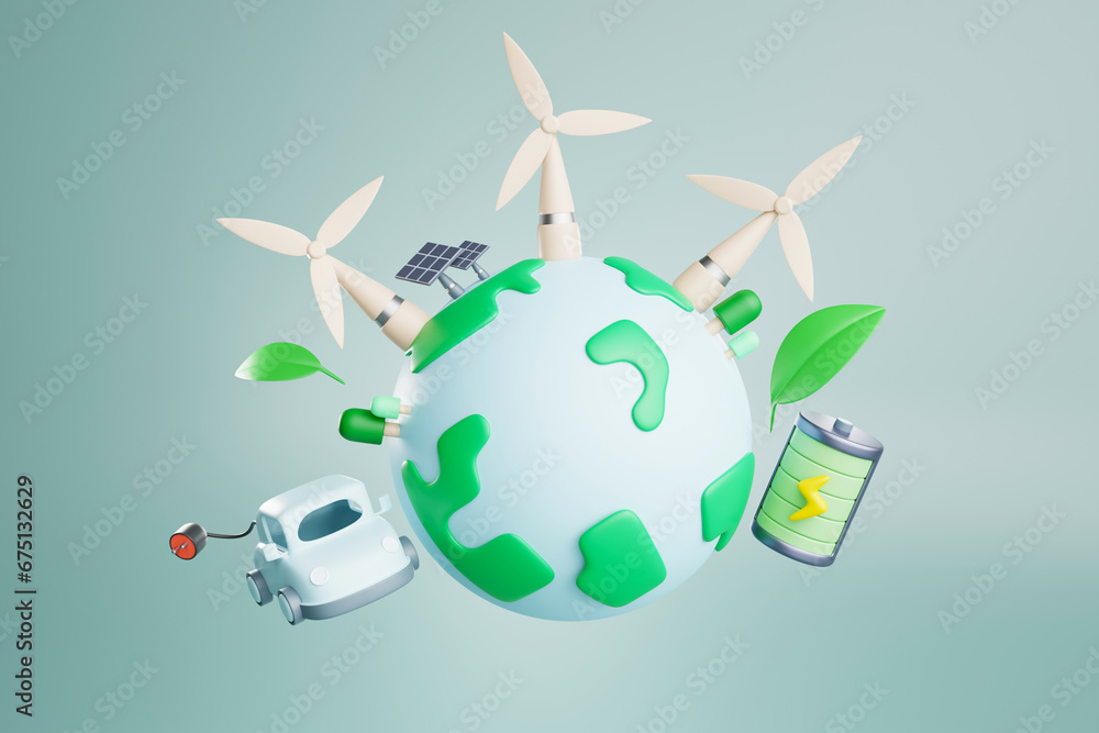 Cute 3D cartoon. A world with car batteries and clean energy. Energy ...