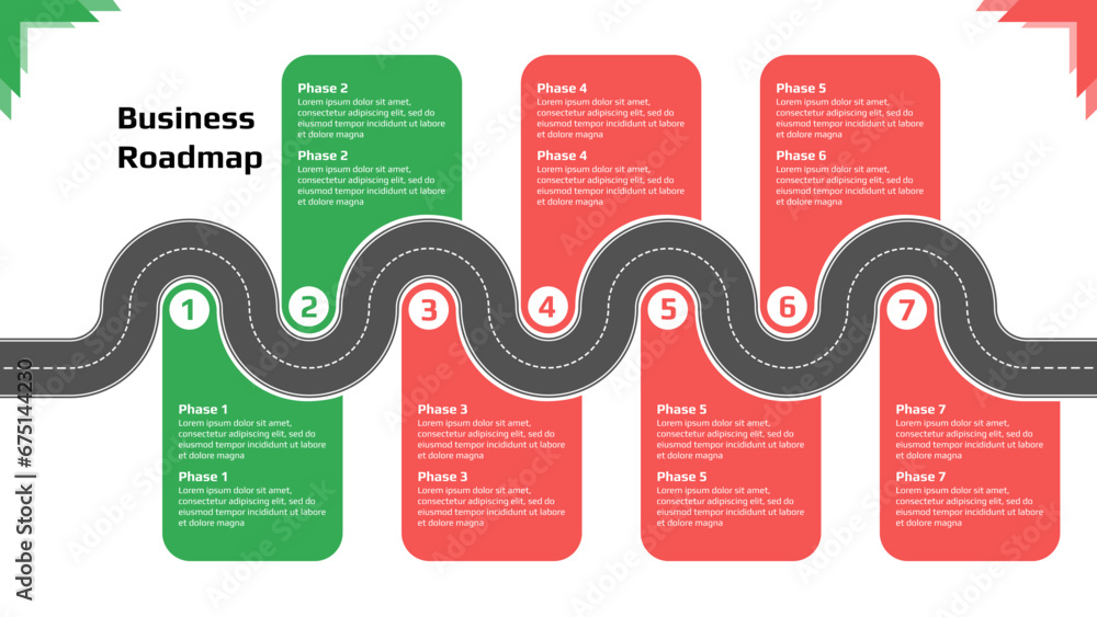 Roadmap with winding road with green and red stages on white background ...