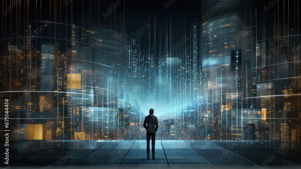 Person standing in front gigantic data screen. Data and analytics ...