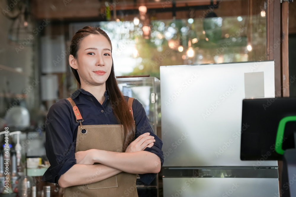 Portrait asian woman owner happy the first day of small business cafe ...