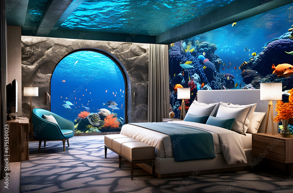 Bedroom Interior with an aquarium themed featuring a diverse array of ...