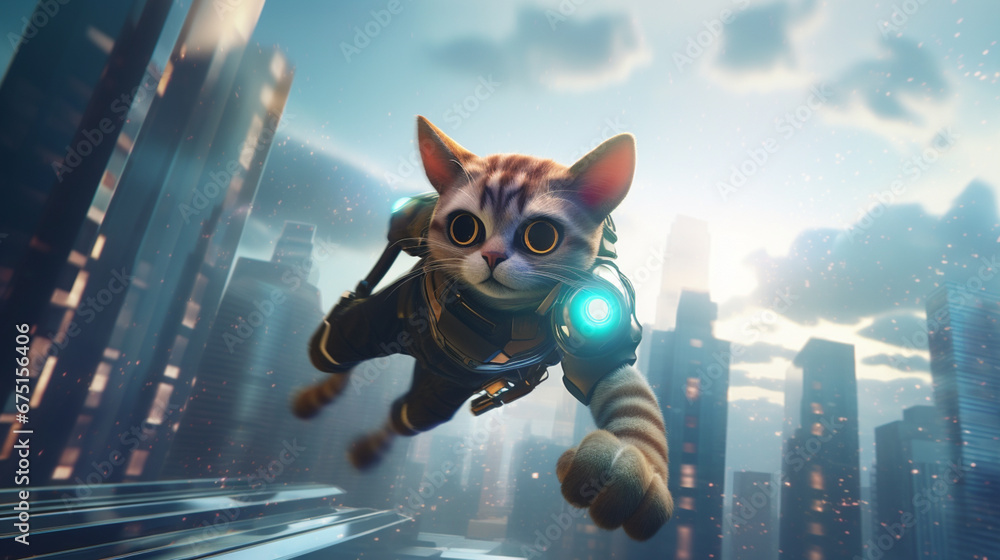 Cat wearing modern thief uniforms, jump from the high building ...