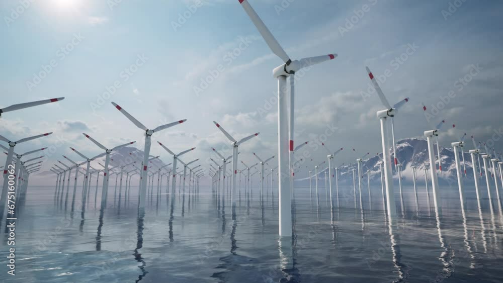 Offshore wind turbines farm, wind turbines farm in the sea, with snowy ...