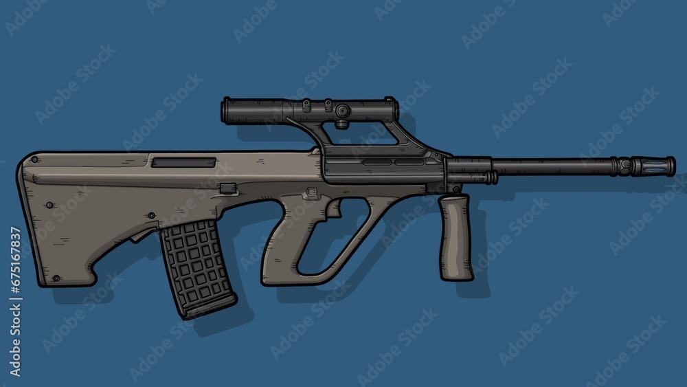 Close-up of an assault rifle AUG bullpup on an isolated blue background ...