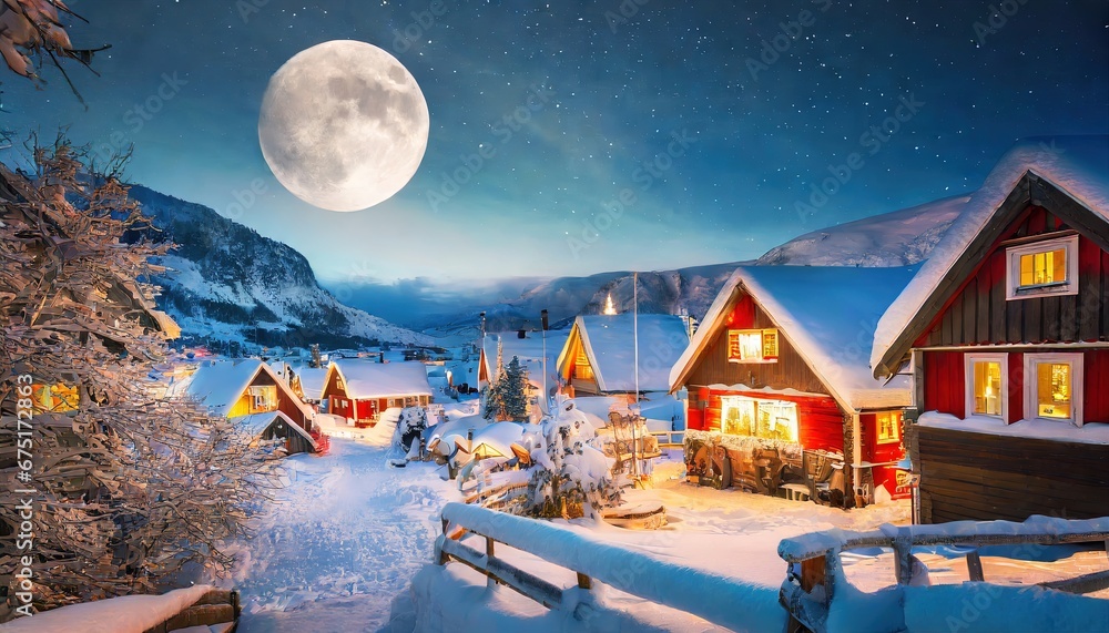 Generative AI 3D rendered winter snow scene cold and serene new for winter 2023. Santa's Village ...