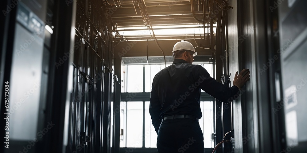 Back view of a professional electrician standing at the electrical ...