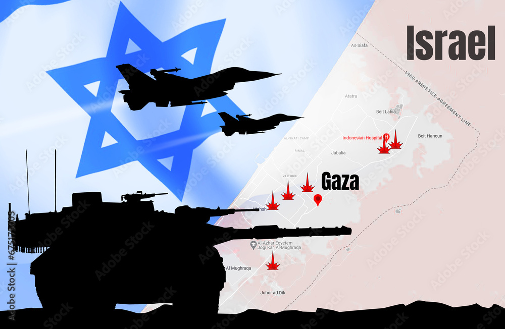 Silhouettes of the army tanks and soldiers on Gaza map background ...