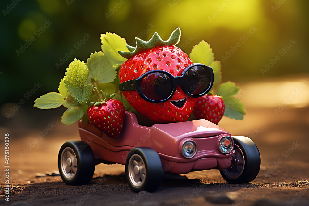 Generative AI Image of Strawberry Fruit Character Driving a Toy Car ...