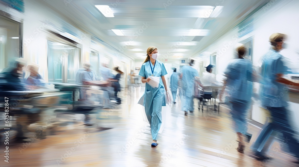 Emergency Treatment: Blurred Hospital Scene with Nurses, Patients, and ...