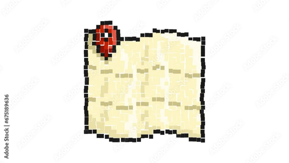 Animated Pixel icon. Map with checkpoint mark. Navigation on paper map ...