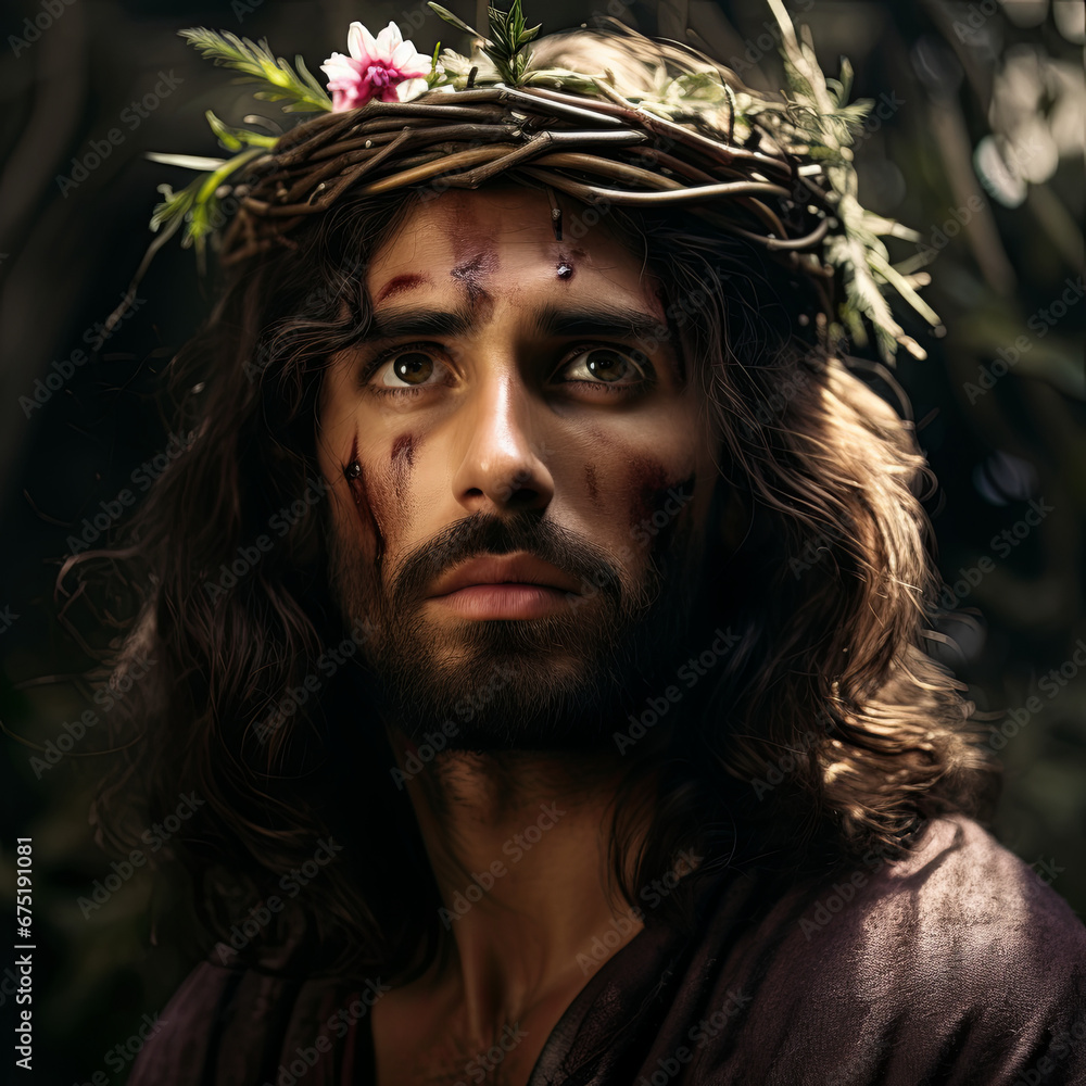 A depiction of Jesus with a crown of thorns in a photorealistic ...