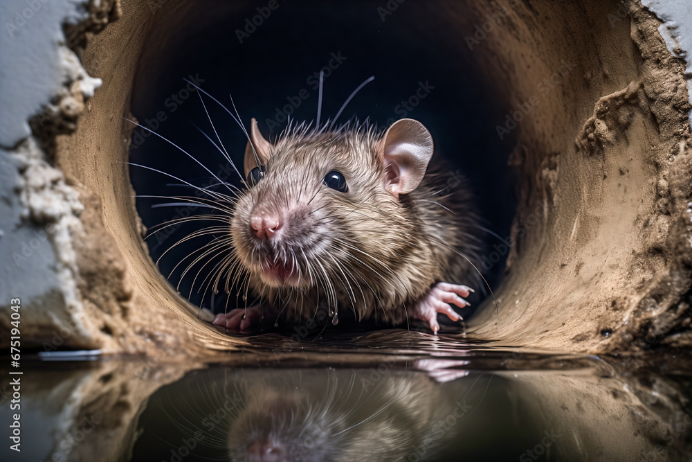 Common brown rat Rattus norvegicus also known as sewer rat or Norway rat, hiding in a sewer pipe ...