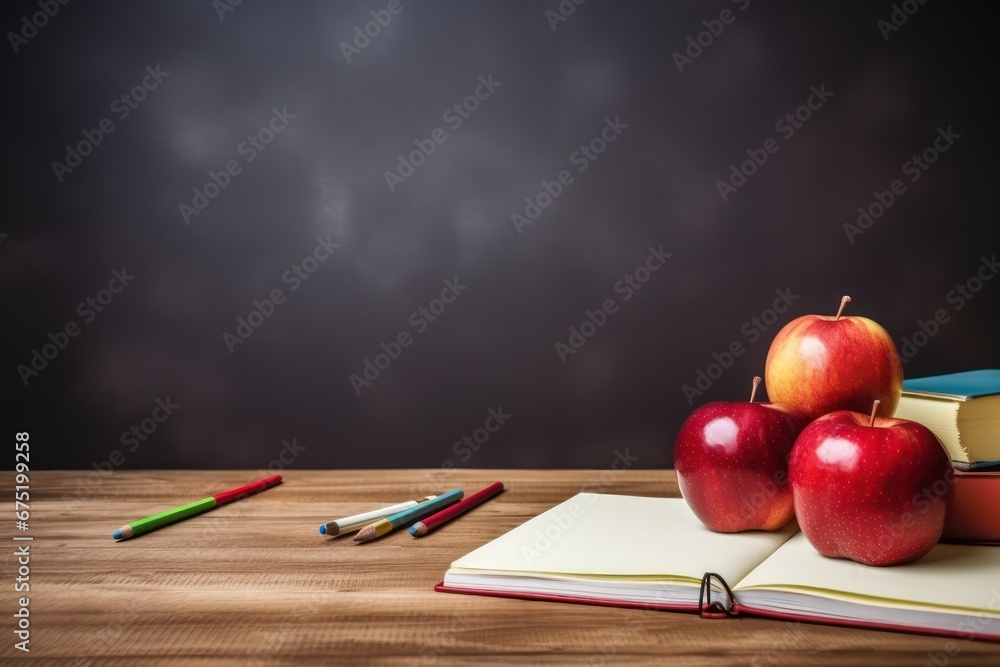 Teacher's Desk with Writing Materials and Apple - Perfect School Theme ...