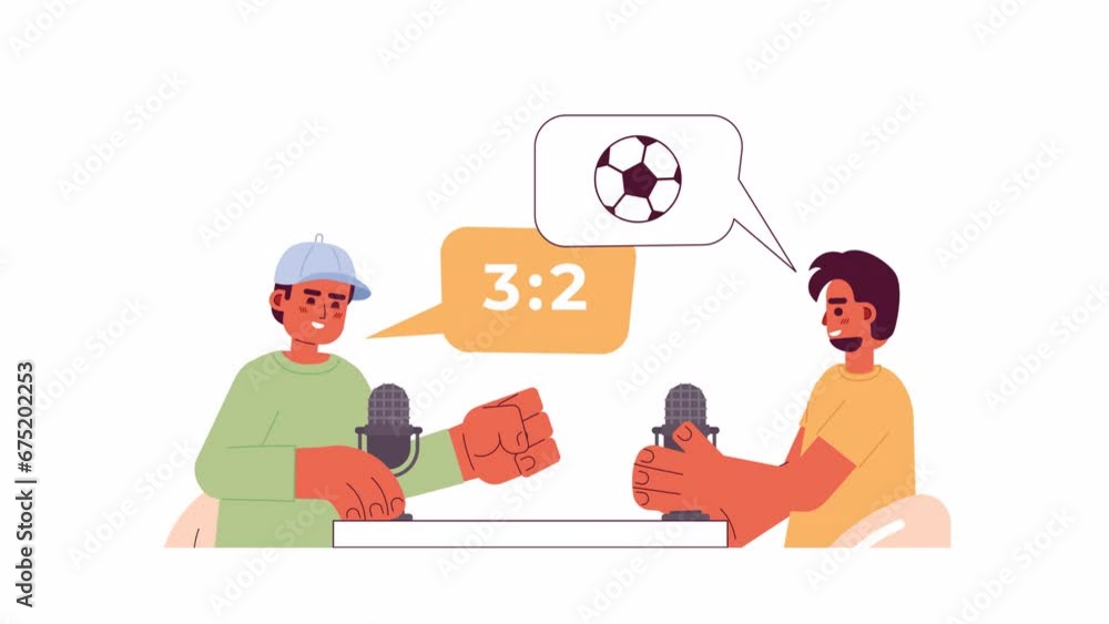 Soccer fans discussing match with microphones 2D characters animation ...