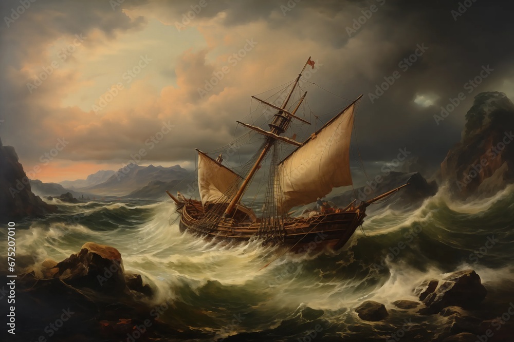 An Oil Painting Style Illustration of a Ship in a Storm Crashing Waves ...
