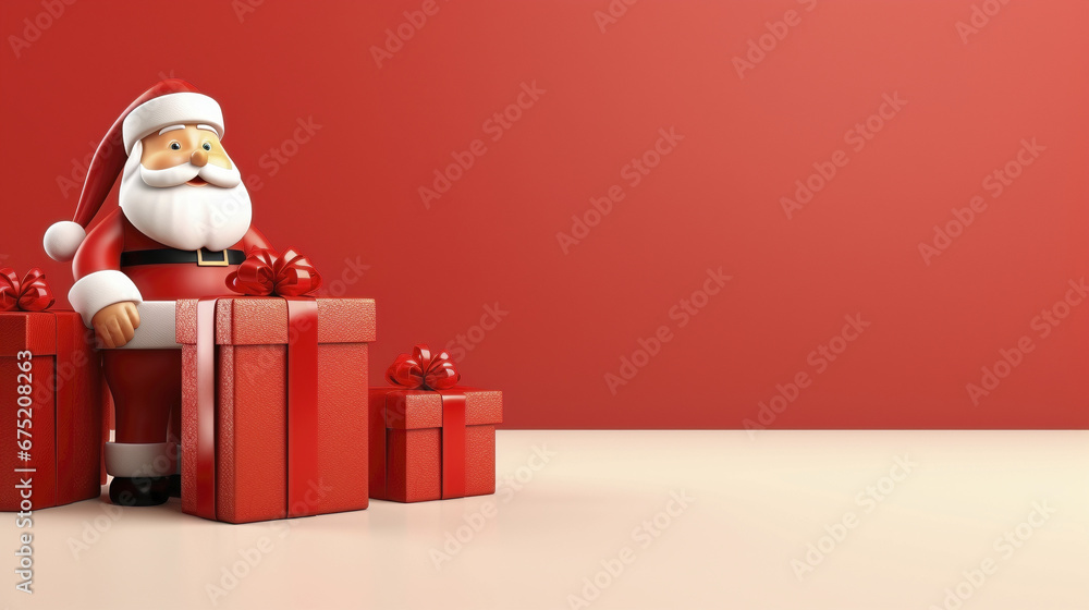 Santa figurine with red gift boxes ai generated banner background copy ...
