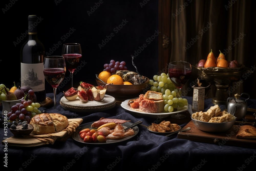 An opulent feast with abundant delicacies and fine wine, perfect for ...