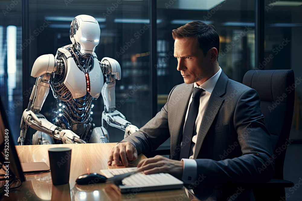 Business man working alongside an artificial intelligence cyborg in an office setting, depicting ...