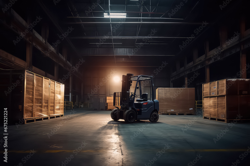 warehouse driver loading cardboard boxes by forklift stacker loader ...