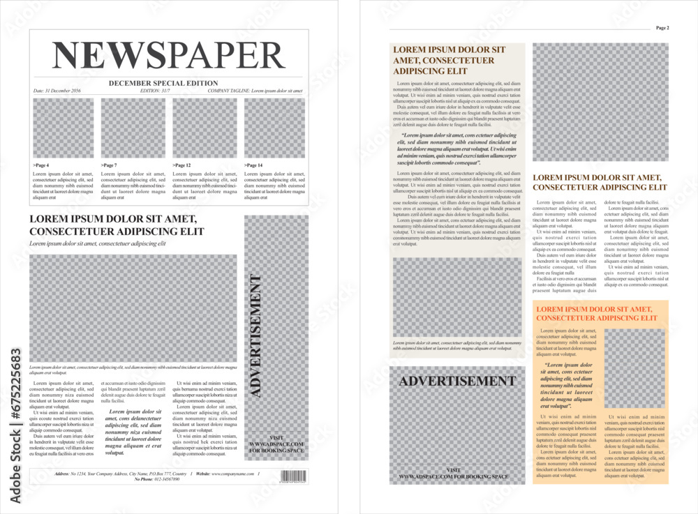 Tabloid newspaper editorial layout design. Tabloid size with bleed ...