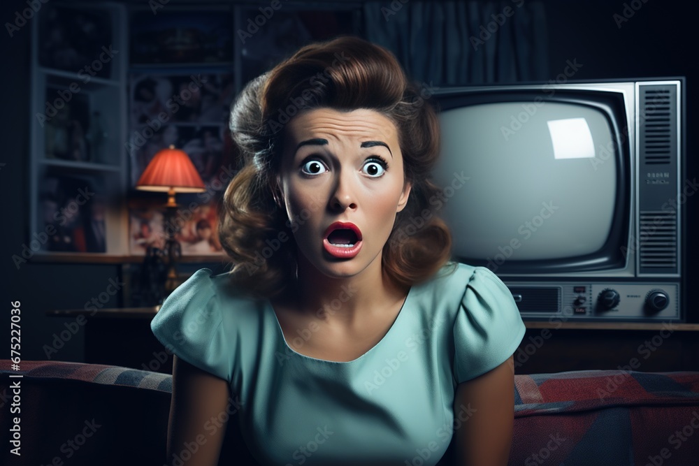 Frightened woman with wide open eyes in front of the TV. Terrible news ...