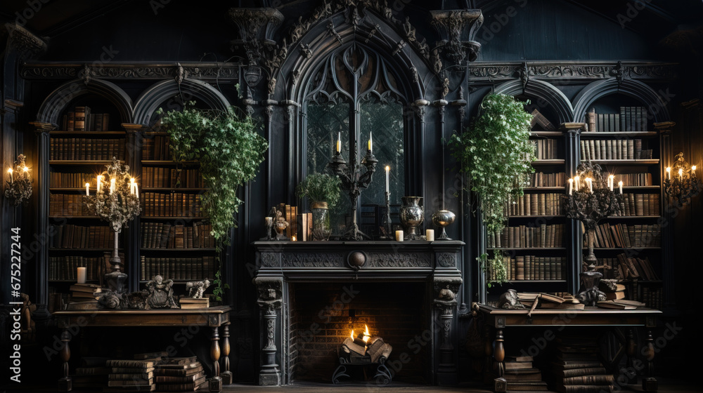 Front view of a bookshelf with books in the interior of a gothic home ...