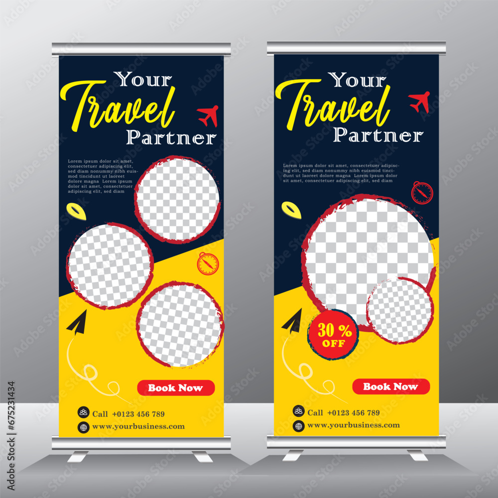 Travel business standee rollup banner design vector template, travel ...