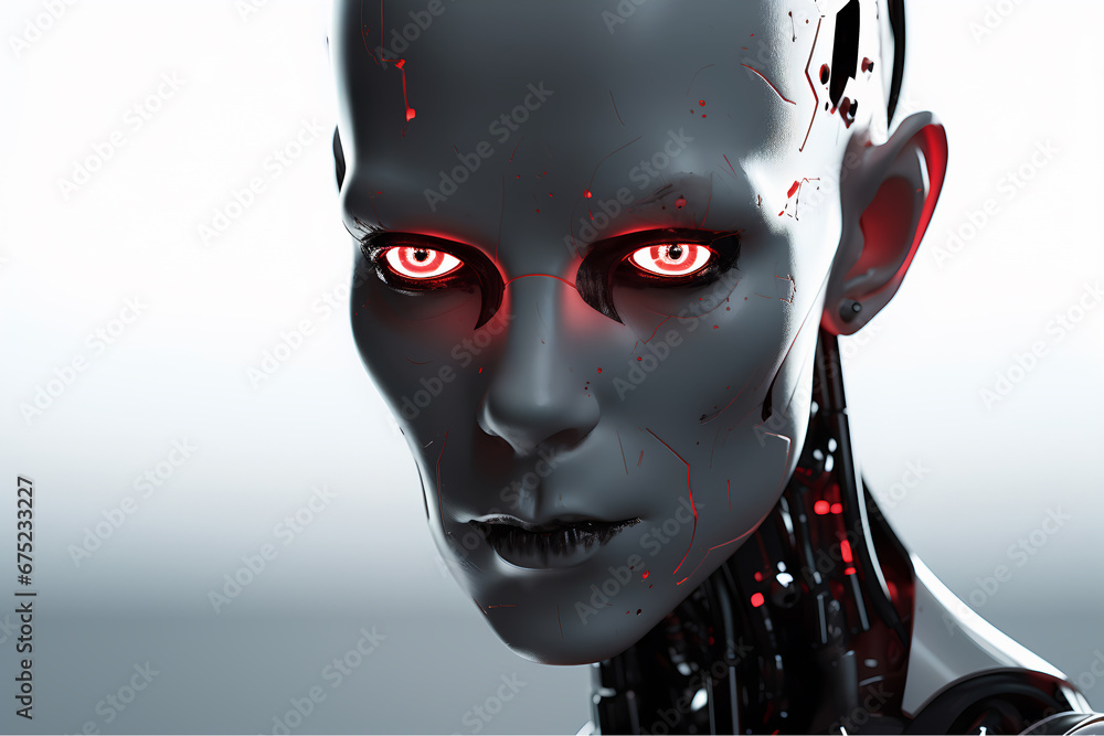 Portrait of artificial intelligence robot with red eyes. Threatening ...