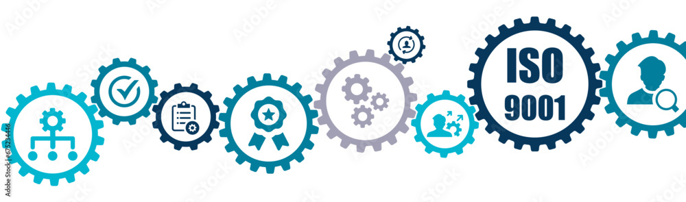 ISO 9001 banner vector illustration with the icons of standard quality ...