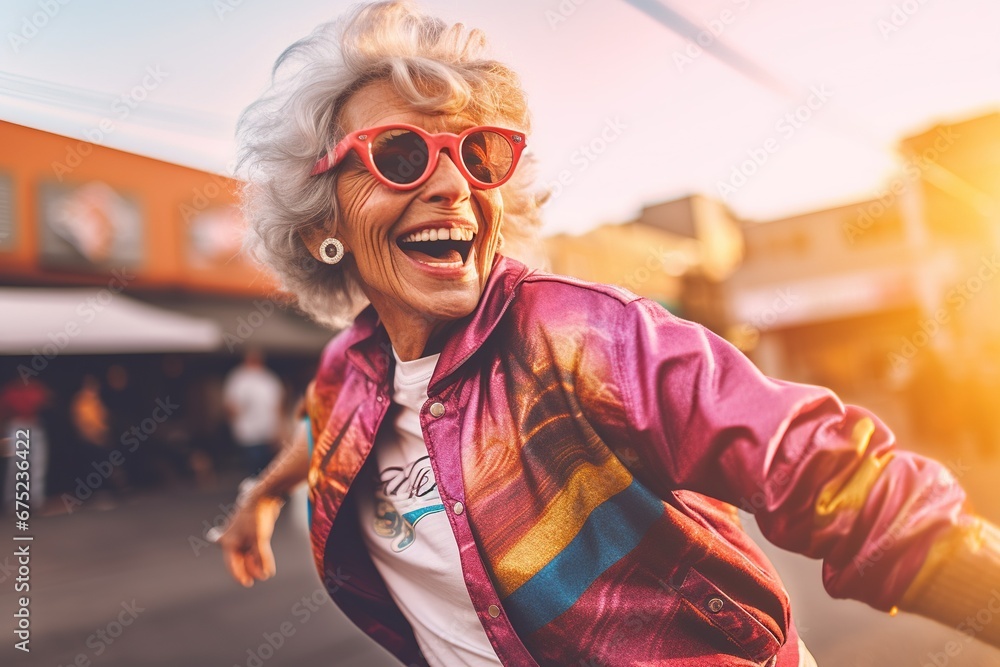 Modern grandmother dances. Beautiful old woman, grandmother in stylish ...