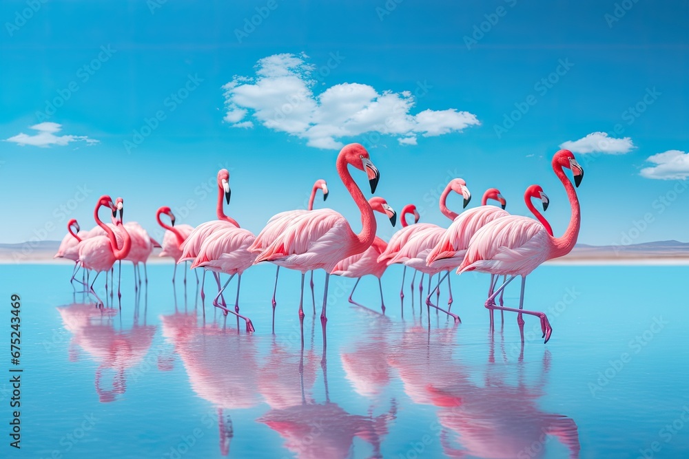 Flamingos in the lagoon of Salar de Uyuni, Bolivia, Group birds of pink ...