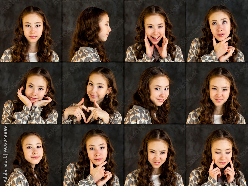 Emotional kid girl model 12 year old posing with various facial ...