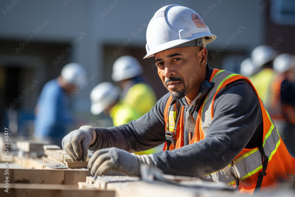 ouvrier du BTP avec son casque en train de travailler sur un chantier ...