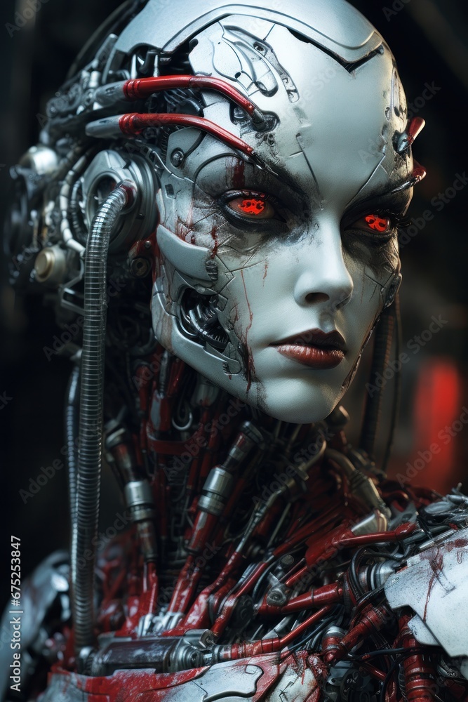 A masquerade of fear and mystery, a gothic automaton with glowing red ...