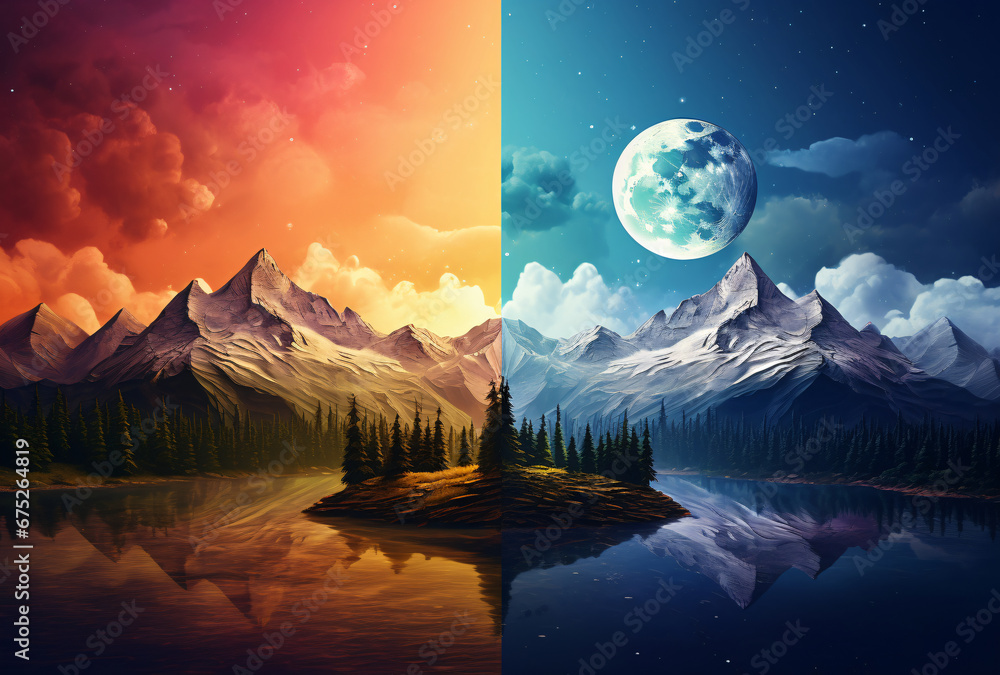 Day vs. Night. two images showing the full moon above the mountains ...