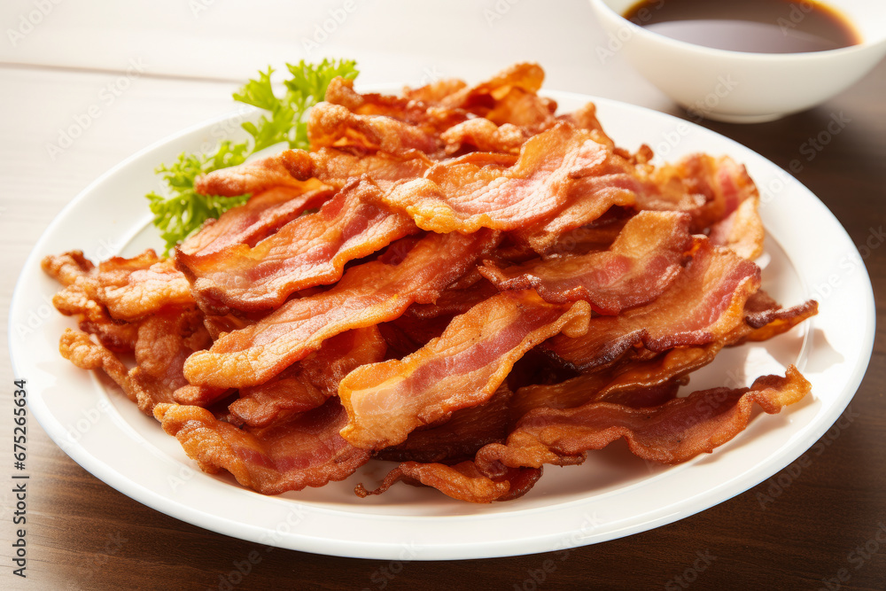 Plato de bacon frito crujiente. Stock Photo | Adobe Stock