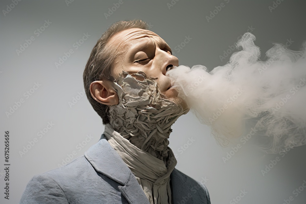 Sick man with throat problems, coughing and choking, smoke coming from ...