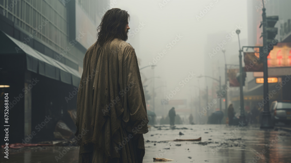 Figure, ruins and city with buildings in destroyed, apocalyptic or ...