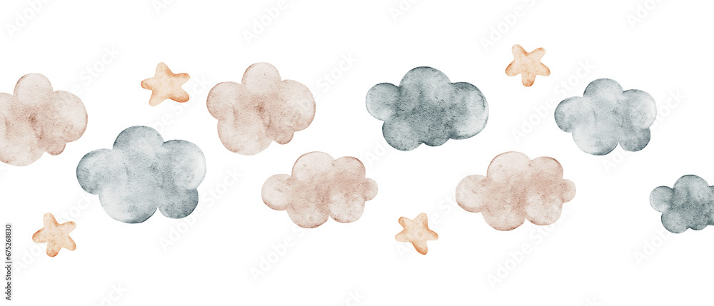 Border of watercolor clouds and stars. Perfect for prints, packaging ...