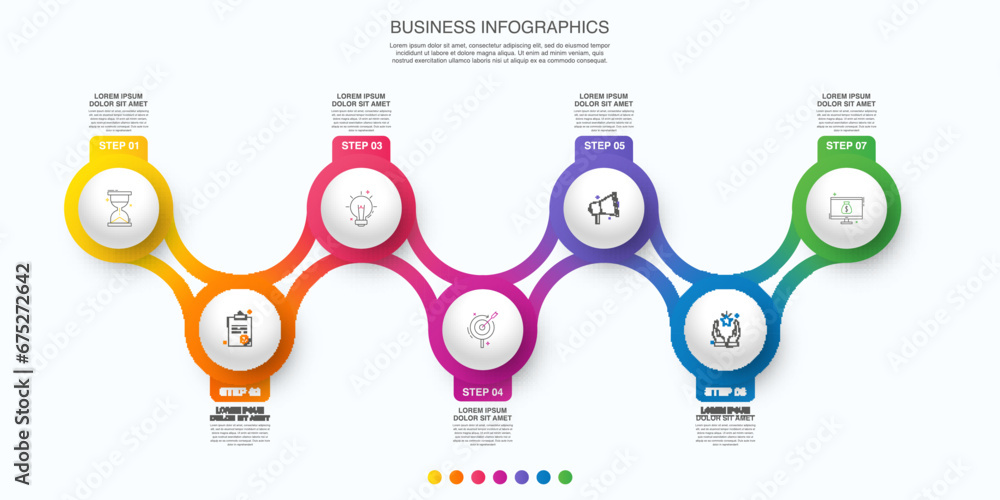 Vector line infographics with seven circles. Business concept graphic ...