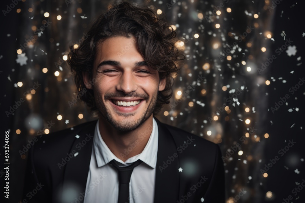 Festive Portrait of a Stylish Brunette Man Holding Glittering Tinsel ...