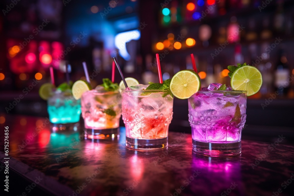 Colorful drinks on a counter with festive lights and out of focus ...