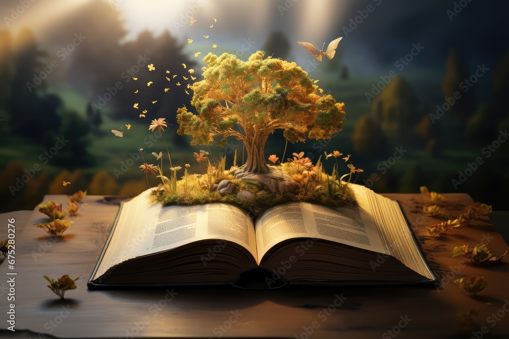 Autumn tree growing from an open book. Nature coming out of book, story ...