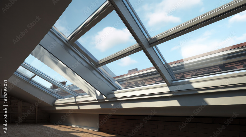 Dormer wooden window in the white sloping ceiling overlooking the blue ...