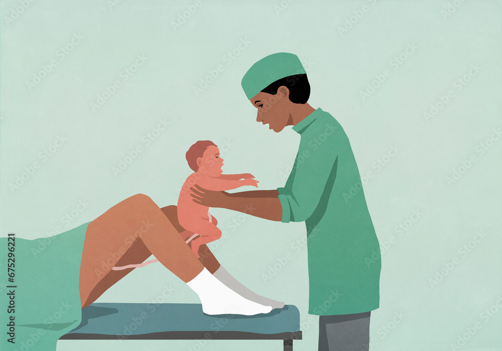 Doctor delivering baby with umbilical cord in hospital Stock ...
