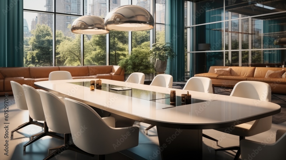 Luxury 5-star meeting room with a long table in the middle. Stock Photo ...